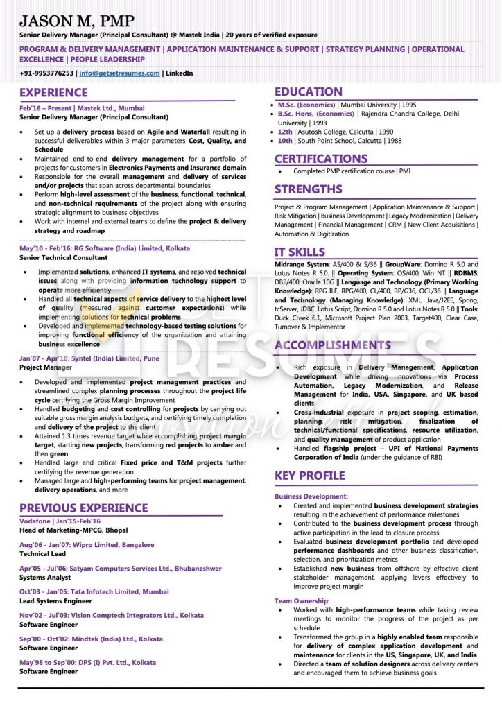 Online International Resume Format For Experienced IT Professionals ...