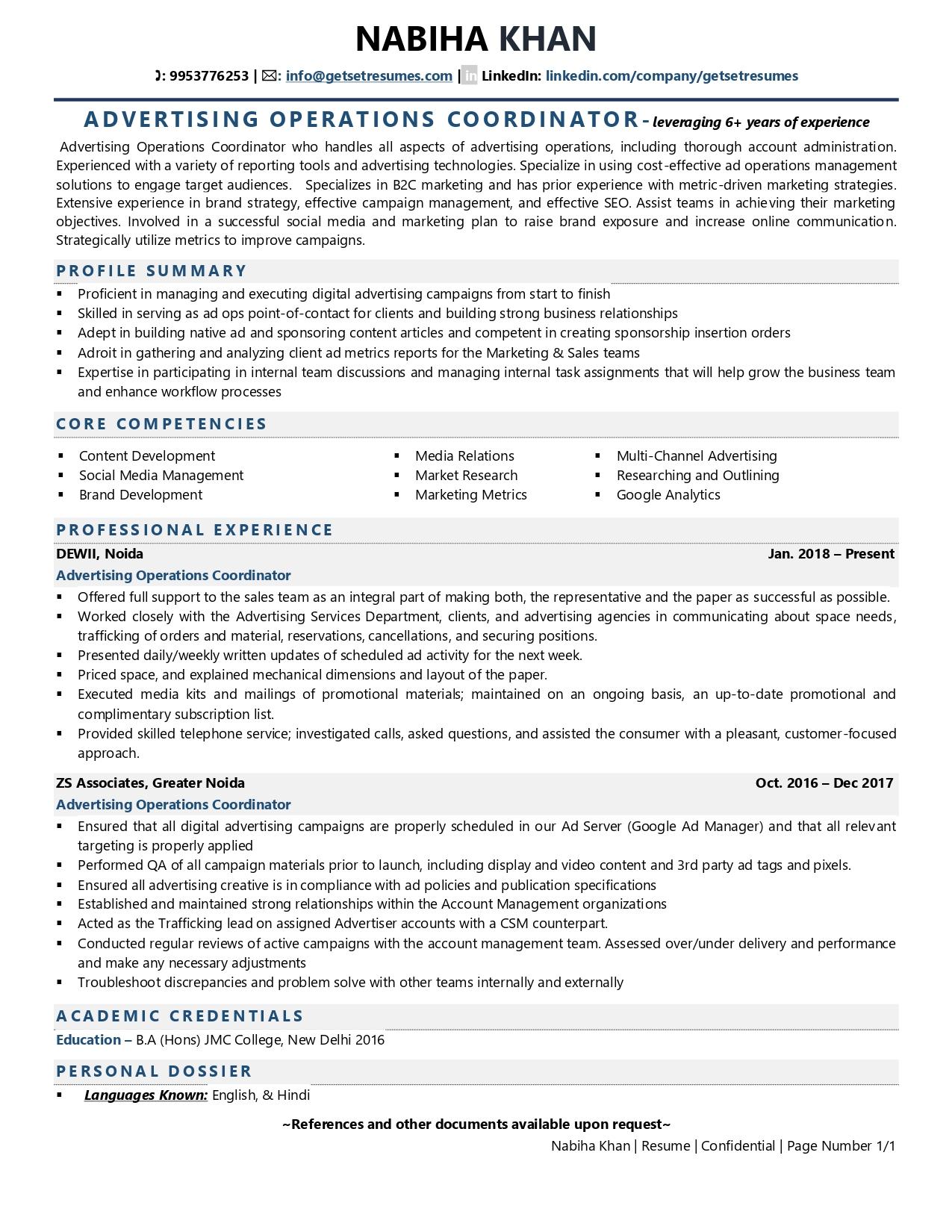 Advertising Operations Coordinator Resume Examples Template with Job