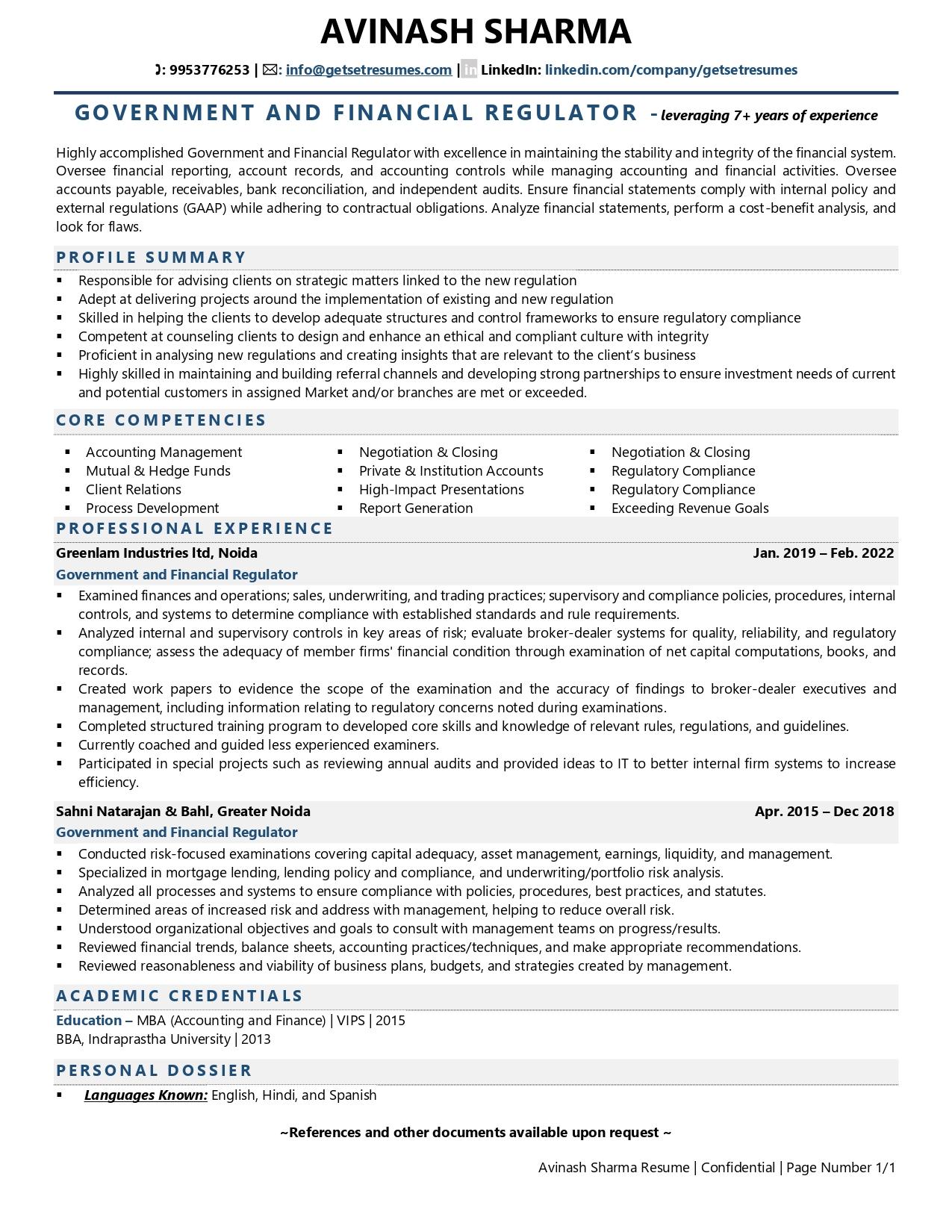 Government Financial Regulator Resume Examples Template with Job 